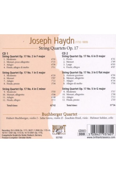 HAYDN: String Quartets, Op. 17 [CD de audio] Buchberger Quartet and Haydn